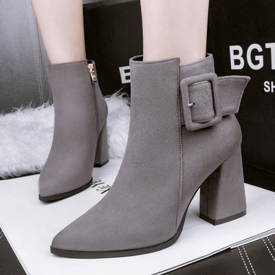 833-3 Korean Fashion Pointed Martin Boots Female Frosted Thick Heel Sexy Female Short Boots Belt Buckle High Heel Boots
