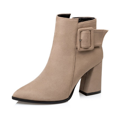 833-3 Korean Fashion Pointed Martin Boots Female Frosted Thick Heel Sexy Female Short Boots Belt Buckle High Heel Boots