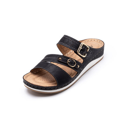 BS086 Manufacturers New Style Sandals For Women'S Outer Wear Wedge Heel Hollow Casual Beach Slippers Sandals PU Women'S