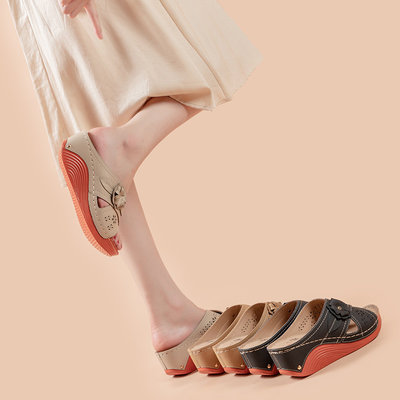 BS092 Summer 2021 New Style Sandals Women'S Retro Wedge Heel Car Stitching Mother Shoes Plus Size Women'S Slippers Sanda
