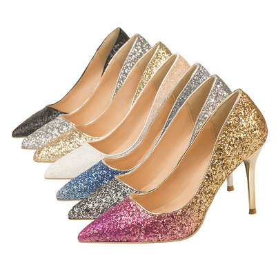 6289-18 European And American Style Women'S Shoes High Heels Shallow Mouth Pointed Toe Gradient Sequins Sexy Slim Nightc