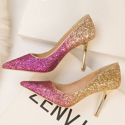 6289-18 European And American Style Women'S Shoes High Heels Shallow Mouth Pointed Toe Gradient Sequins Sexy Slim Nightc