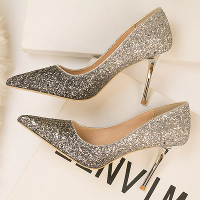 6289-18 European And American Style Women'S Shoes High Heels Shallow Mouth Pointed Toe Gradient Sequins Sexy Slim Nightc