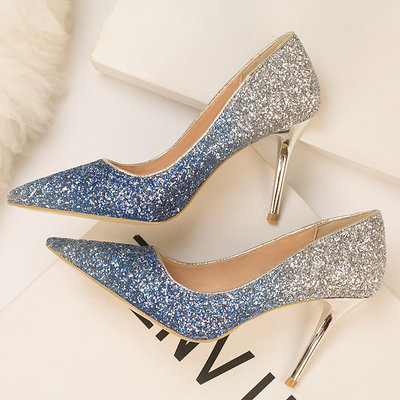 6289-18 European And American Style Women'S Shoes High Heels Shallow Mouth Pointed Toe Gradient Sequins Sexy Slim Nightc