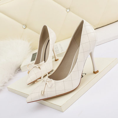 8668-3 Korean style fashion pointed shallow mouth high heels bowknot net red women's single shoes sexy thin nightclub wo