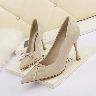 8668-3 Korean style fashion pointed shallow mouth high heels bowknot net red women's single shoes sexy thin nightclub wo