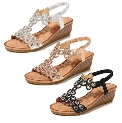 BS094 Summer New Style Rhinestone Bohemian Wedge Sandals Comfortable Large Size Sandals Slippers PU Women'S Shoes Sandal