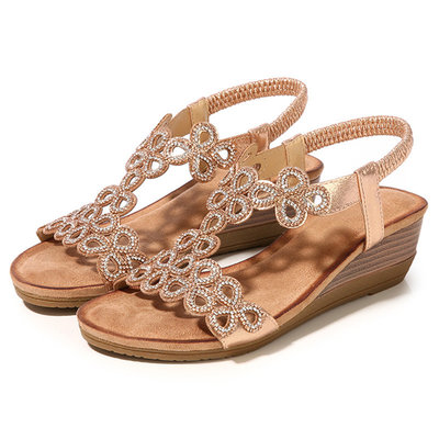 BS094 Summer New Style Rhinestone Bohemian Wedge Sandals Comfortable Large Size Sandals Slippers PU Women'S Shoes Sandal