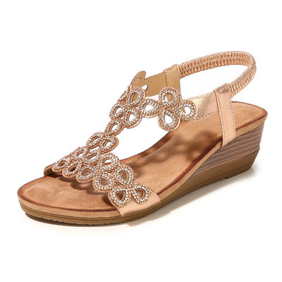 BS094 Summer New Style Rhinestone Bohemian Wedge Sandals Comfortable Large Size Sandals Slippers PU Women'S Shoes Sandal