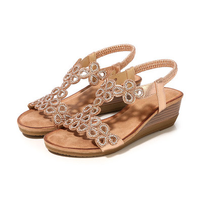 BS094 Summer New Style Rhinestone Bohemian Wedge Sandals Comfortable Large Size Sandals Slippers PU Women'S Shoes Sandal