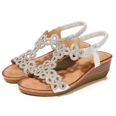 BS094 Summer New Style Rhinestone Bohemian Wedge Sandals Comfortable Large Size Sandals Slippers PU Women'S Shoes Sandal