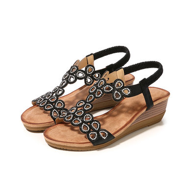 BS094 Summer New Style Rhinestone Bohemian Wedge Sandals Comfortable Large Size Sandals Slippers PU Women'S Shoes Sandal