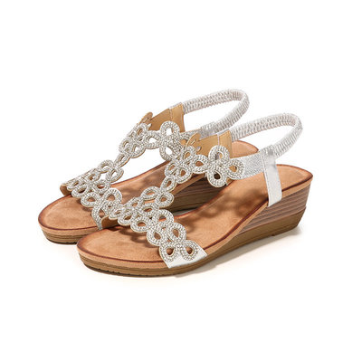 BS094 Summer New Style Rhinestone Bohemian Wedge Sandals Comfortable Large Size Sandals Slippers PU Women'S Shoes Sandal