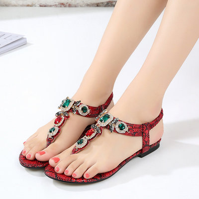 BS097 plus size women's shoes retro bohemian rhinestone sandals summer new beaded flip flops flat shoes slippers flip fl