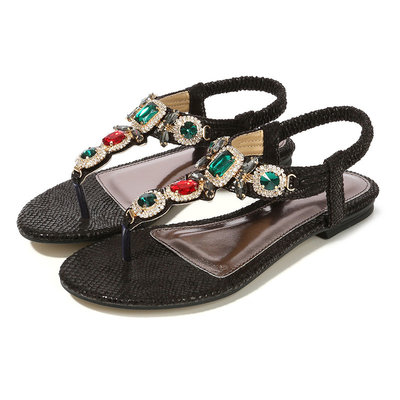 BS097 plus size women's shoes retro bohemian rhinestone sandals summer new beaded flip flops flat shoes slippers flip fl