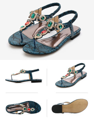 BS097 plus size women's shoes retro bohemian rhinestone sandals summer new beaded flip flops flat shoes slippers flip fl