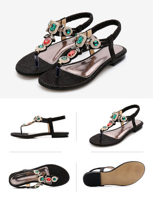 BS097 plus size women's shoes retro bohemian rhinestone sandals summer new beaded flip flops flat shoes slippers flip fl