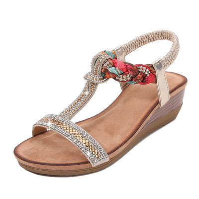 BS098 Sandals Women Ladies Shoes Bohemian Style T-Strip Rhinestone Wedge Sandals Plus Size Sandals PU Women'S Shoes PU S