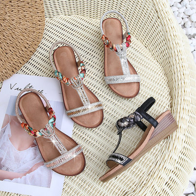 BS098 Sandals Women Ladies Shoes Bohemian Style T-Strip Rhinestone Wedge Sandals Plus Size Sandals PU Women'S Shoes PU S