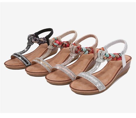 BS098 Sandals Women Ladies Shoes Bohemian Style T-Strip Rhinestone Wedge Sandals Plus Size Sandals PU Women'S Shoes PU S