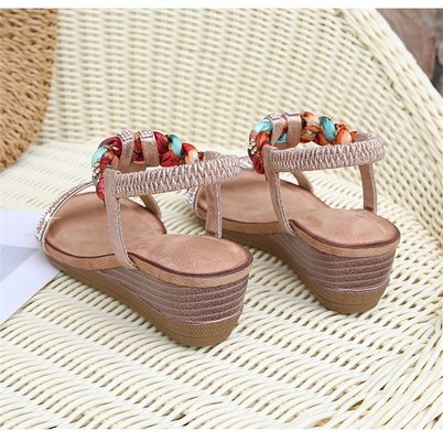 BS098 Sandals Women Ladies Shoes Bohemian Style T-Strip Rhinestone Wedge Sandals Plus Size Sandals PU Women'S Shoes PU S