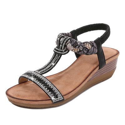 BS098 Sandals Women Ladies Shoes Bohemian Style T-Strip Rhinestone Wedge Sandals Plus Size Sandals PU Women'S Shoes PU S
