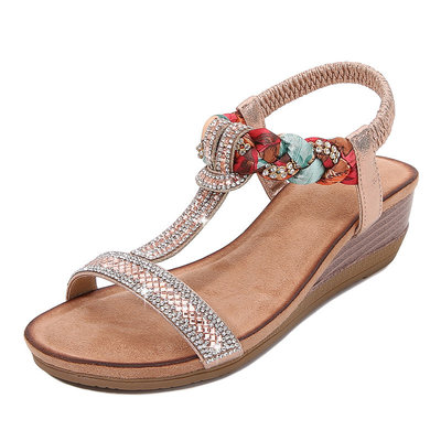 BS098 Sandals Women Ladies Shoes Bohemian Style T-Strip Rhinestone Wedge Sandals Plus Size Sandals PU Women'S Shoes PU S