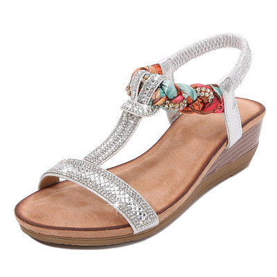 BS098 Sandals Women Ladies Shoes Bohemian Style T-Strip Rhinestone Wedge Sandals Plus Size Sandals PU Women'S Shoes PU S