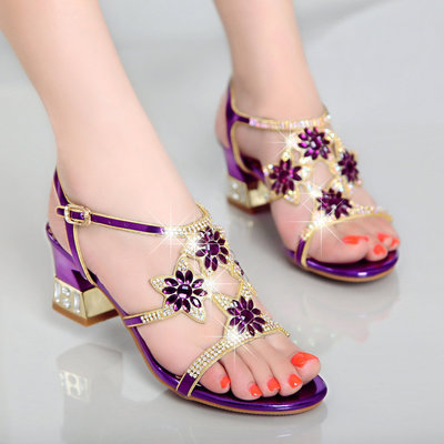 Bs102 2021 New Sandals Women'S Summer Diamond Shoes Fish Mouth Middle Heel Inlaid Diamond Fashion Thick Heel Women'S San