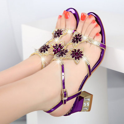 Bs102 2021 New Sandals Women'S Summer Diamond Shoes Fish Mouth Middle Heel Inlaid Diamond Fashion Thick Heel Women'S San