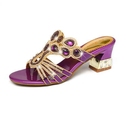 BS103 Rhinestone Sandals Women'S Thick-Heeled Sandals Women'S Summer New Style Fashion European And American Mid-Heel Di