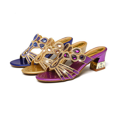 BS103 Rhinestone Sandals Women'S Thick-Heeled Sandals Women'S Summer New Style Fashion European And American Mid-Heel Di