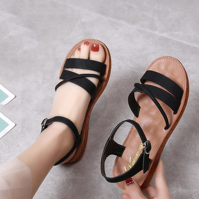 BS105 Tendon Sole Sandals Flat Shoes 2021 Summer New Shoes Student Roman Shoes Beach Shoes Soft Sole Word Women'S Shoes