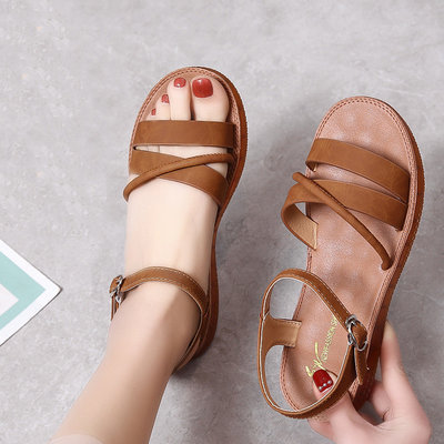 BS105 Tendon Sole Sandals Flat Shoes 2021 Summer New Shoes Student Roman Shoes Beach Shoes Soft Sole Word Women'S Shoes