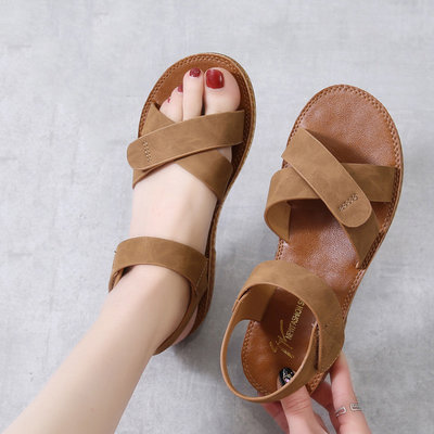 BS105 Tendon Sole Sandals Flat Shoes 2021 Summer New Shoes Student Roman Shoes Beach Shoes Soft Sole Word Women'S Shoes