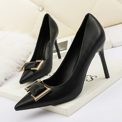 8666-6 European And American Sexy Pointed-Toe Shallow Mouth High Heels Were Thin Nightclub Square Buckle Women'S Single