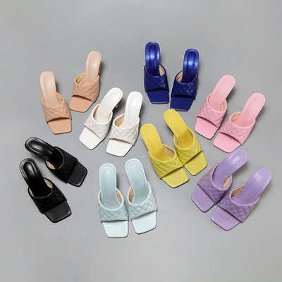 BS109 Women'S Shoes Candy Color Fashion High Heels Square Plaid Spring And Summer High Heel Sandals Wholesale PU Women'S