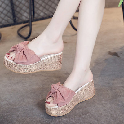 BS110 New Style Sandals And Slippers, Sponge Cake, Thick Bottom, Open Toe Fashion, Flower Bow, One-Line Wedge Heel Sanda