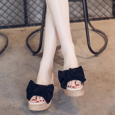 BS110 New Style Sandals And Slippers, Sponge Cake, Thick Bottom, Open Toe Fashion, Flower Bow, One-Line Wedge Heel Sanda