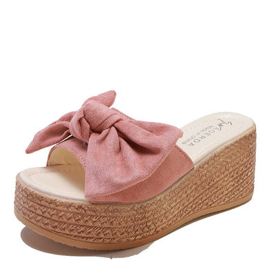 BS110 New Style Sandals And Slippers, Sponge Cake, Thick Bottom, Open Toe Fashion, Flower Bow, One-Line Wedge Heel Sanda