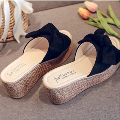 BS110 New Style Sandals And Slippers, Sponge Cake, Thick Bottom, Open Toe Fashion, Flower Bow, One-Line Wedge Heel Sanda