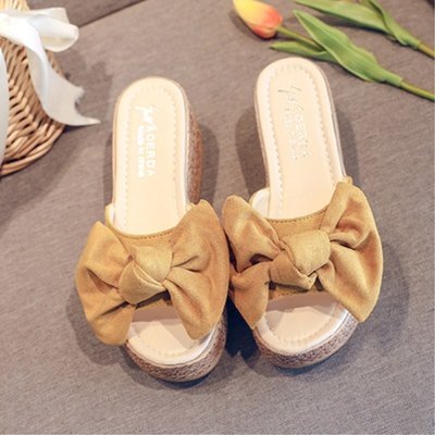BS110 New Style Sandals And Slippers, Sponge Cake, Thick Bottom, Open Toe Fashion, Flower Bow, One-Line Wedge Heel Sanda