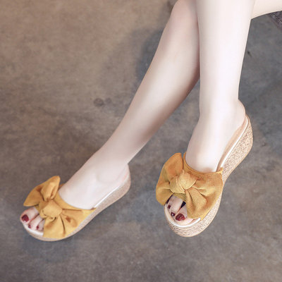BS110 New Style Sandals And Slippers, Sponge Cake, Thick Bottom, Open Toe Fashion, Flower Bow, One-Line Wedge Heel Sanda