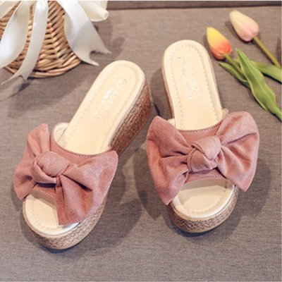 BS110 New Style Sandals And Slippers, Sponge Cake, Thick Bottom, Open Toe Fashion, Flower Bow, One-Line Wedge Heel Sanda