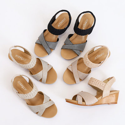 BS111 Sandals Women'S Slope Heel Summer New Style Open Toe Large Size Comfortable Fashion Women'S Shoes Ladies Woven Rom