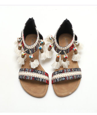 BS112 Bohemian Wedge Sandals Women 2021 Summer Ethnic Open-Toed Hanging Beads Travel Roman Sandals Chinese Sandals Brand