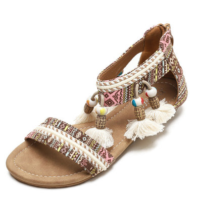 BS112 Bohemian Wedge Sandals Women 2021 Summer Ethnic Open-Toed Hanging Beads Travel Roman Sandals Chinese Sandals Brand