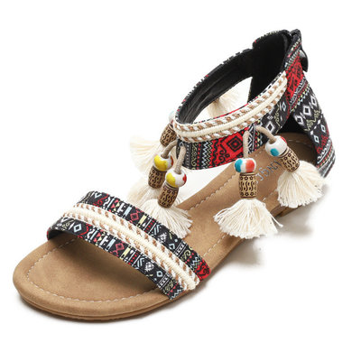 BS112 Bohemian Wedge Sandals Women 2021 Summer Ethnic Open-Toed Hanging Beads Travel Roman Sandals Chinese Sandals Brand