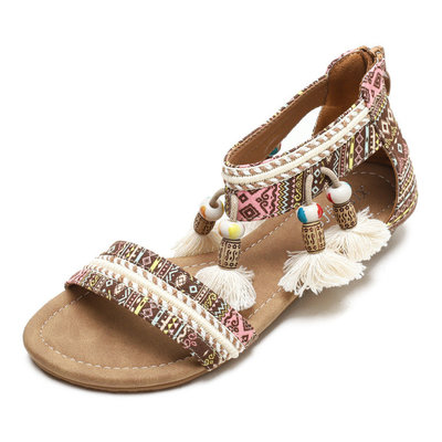 BS112 Bohemian Wedge Sandals Women 2021 Summer Ethnic Open-Toed Hanging Beads Travel Roman Sandals Chinese Sandals Brand
