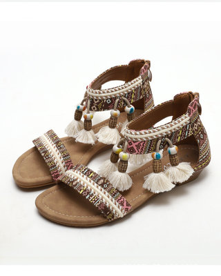BS112 Bohemian Wedge Sandals Women 2021 Summer Ethnic Open-Toed Hanging Beads Travel Roman Sandals Chinese Sandals Brand
